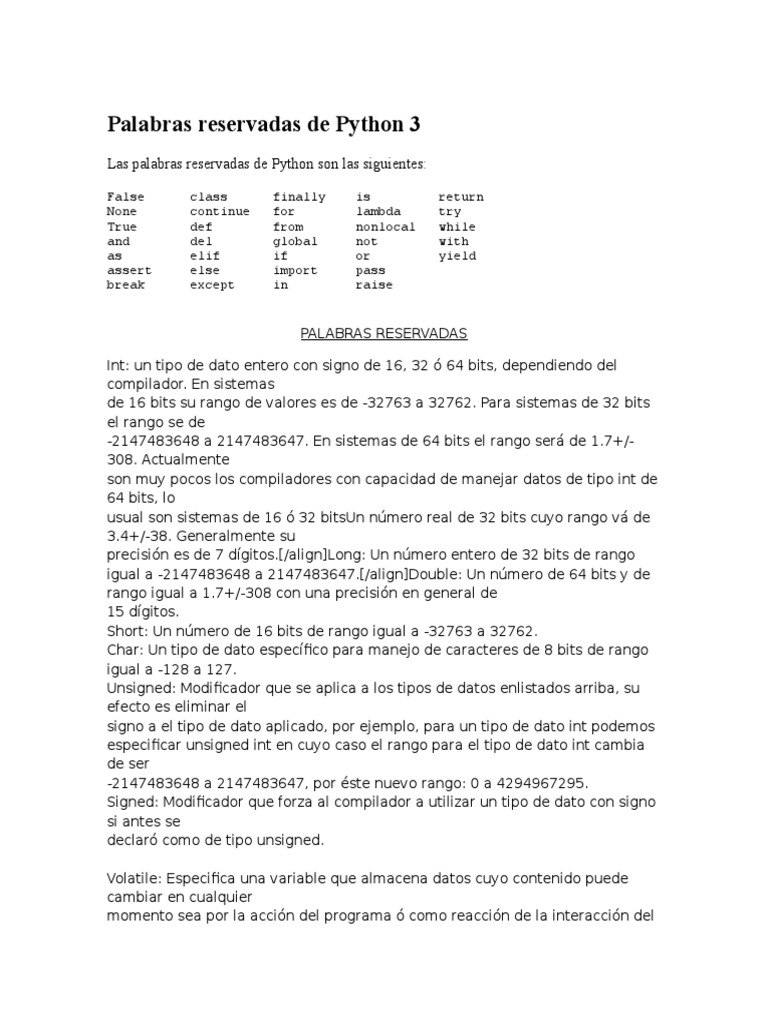 Palabras Reservadas | PDF | Programa de computadora | Programación