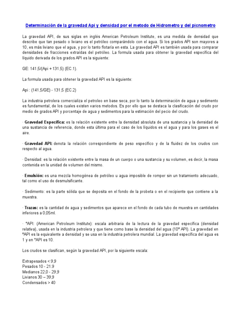 Determinación de La Gravedad API y Densidad Por El Metodo de Hidrometro ...