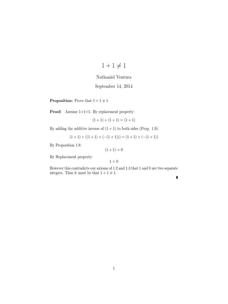 Proof: 1 + 1 ≠ 1 | PDF