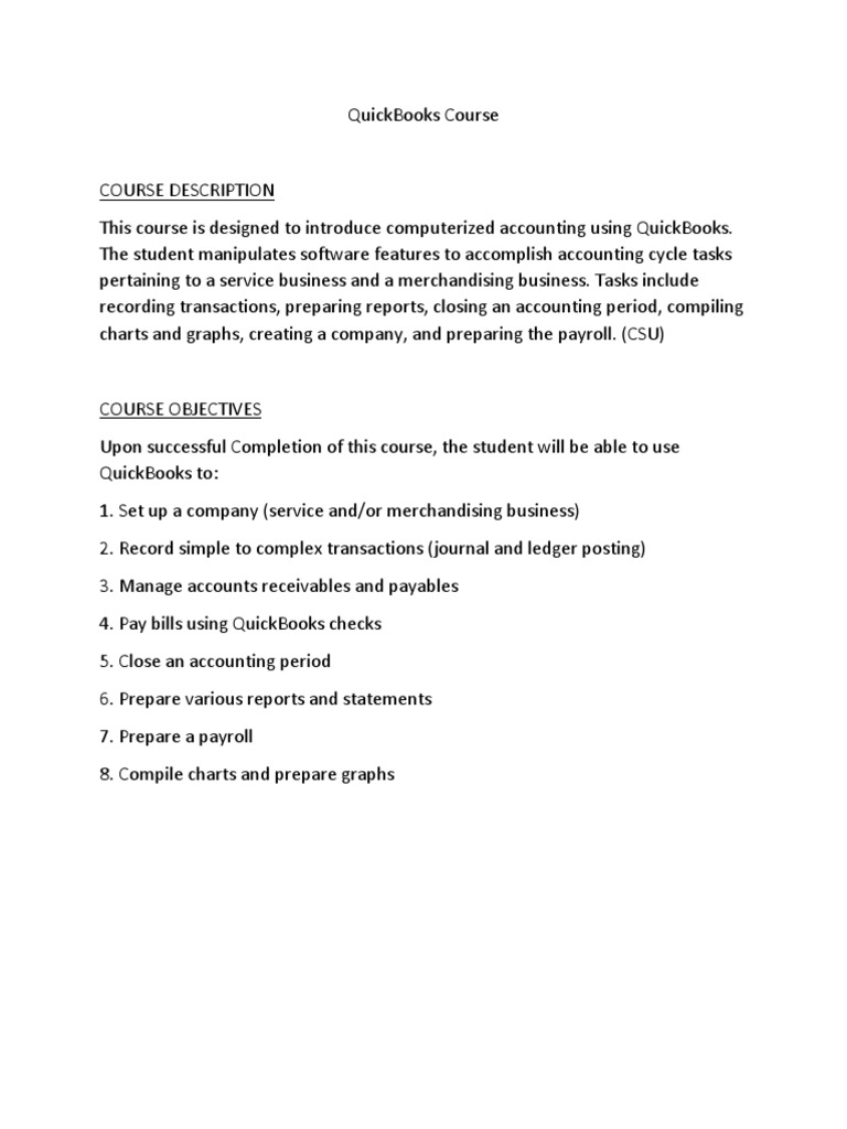 Quickbooks Course Description and Objectives | PDF