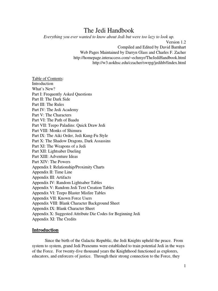 Star Wars D6 - The Jedi Handbook | PDF | Jedi | Darth Vader