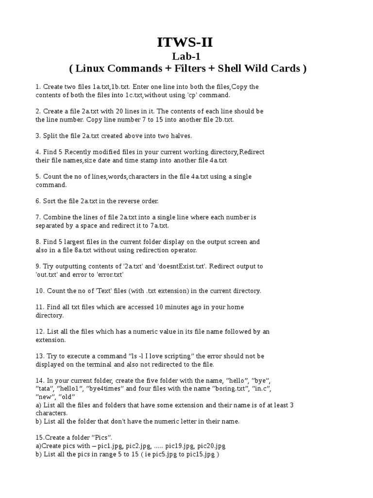 Lab1 Commands Filters WildCards | PDF | Text File | Computer File