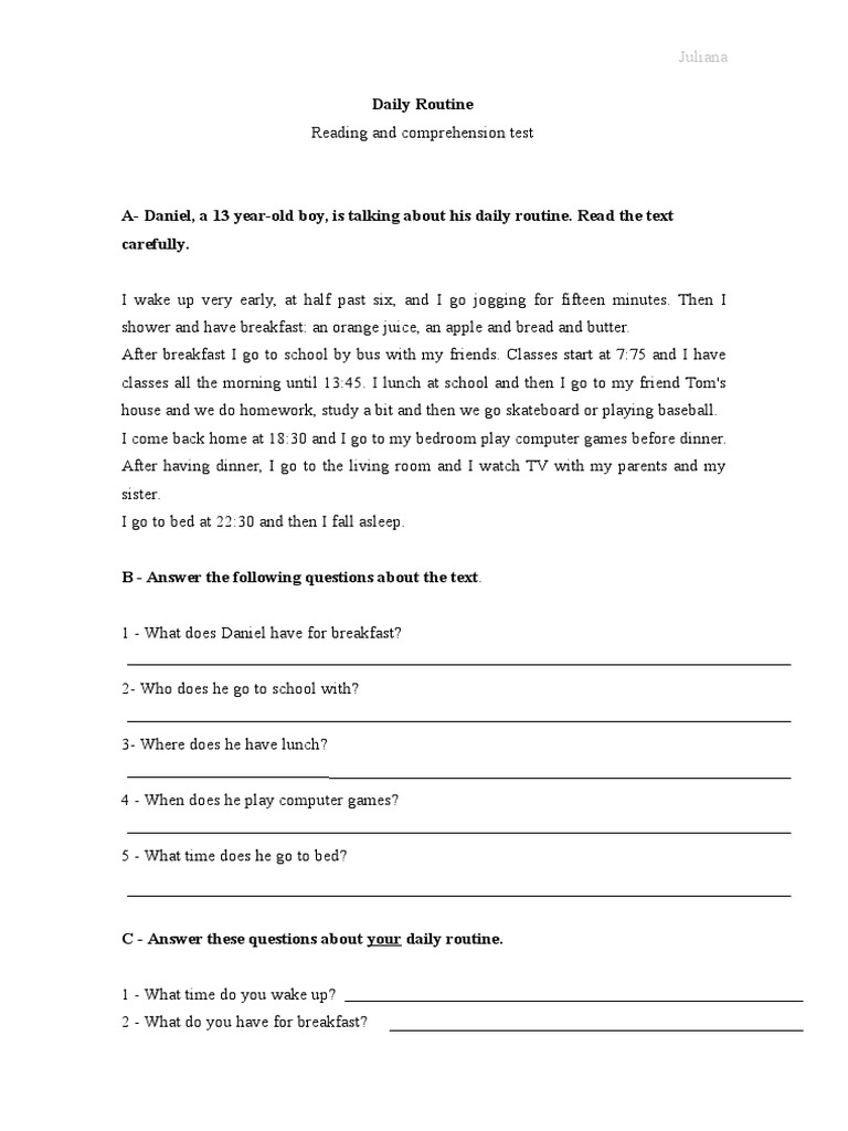 Daily Routine - Reading Comprehension | PDF | Language Arts ...