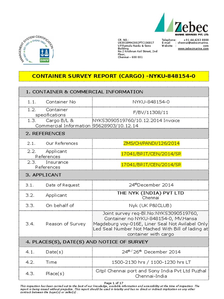 Container Survey Report (Cargo) –Nyku-848154-0 | Cargo | Invoice | Free ...