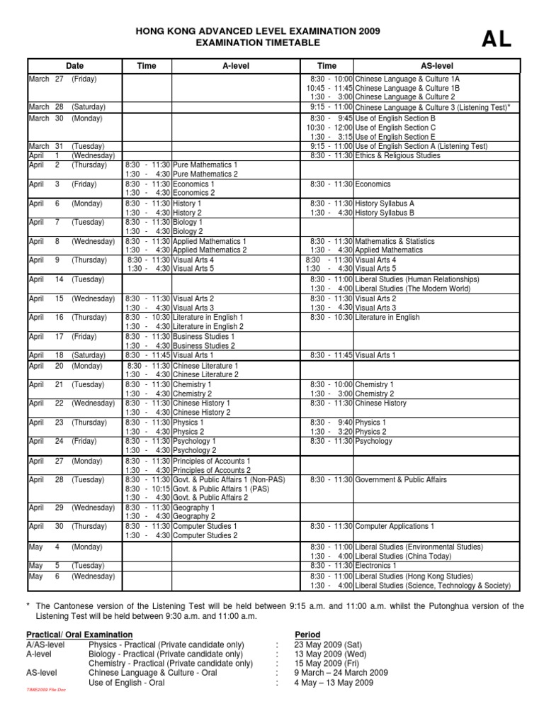 HK A-Level Exam Timetable 2009 | PDF | Behavior Modification | Science