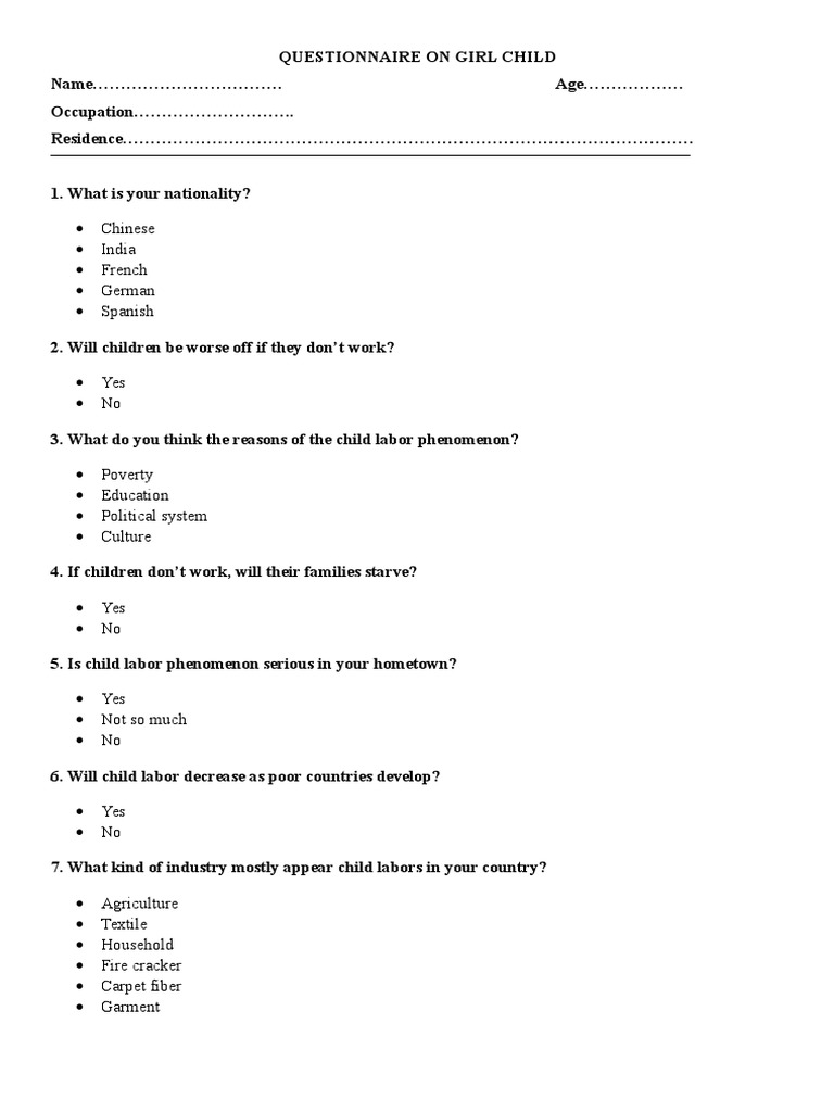 Questionnaire On Child Labour | PDF | Child Labour | Poverty