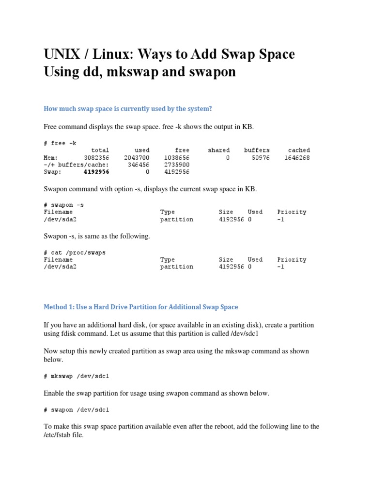 UNIX / Linux: Ways To Add Swap Space Using DD, Mkswap and Swapon | PDF ... UNIX / Linux: Ways To Add Swap Space Using DD, Mkswap and Swapon | PDF ...