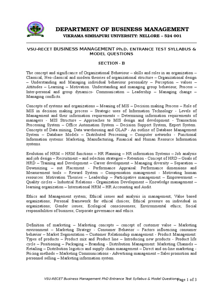 Business Management Ph.d. Entrance Test Syllabus & Model Questions ...