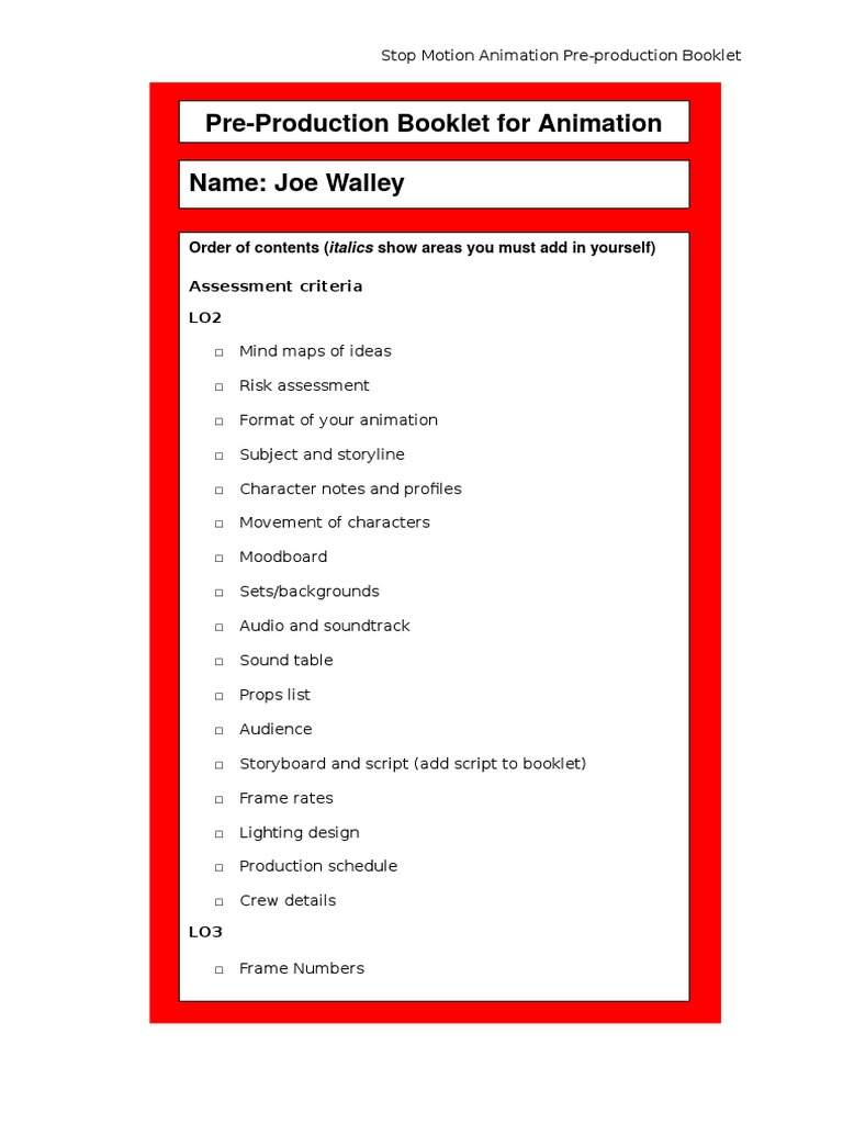 Stop Motion Animation Production Booklet | PDF | Animation | Camera