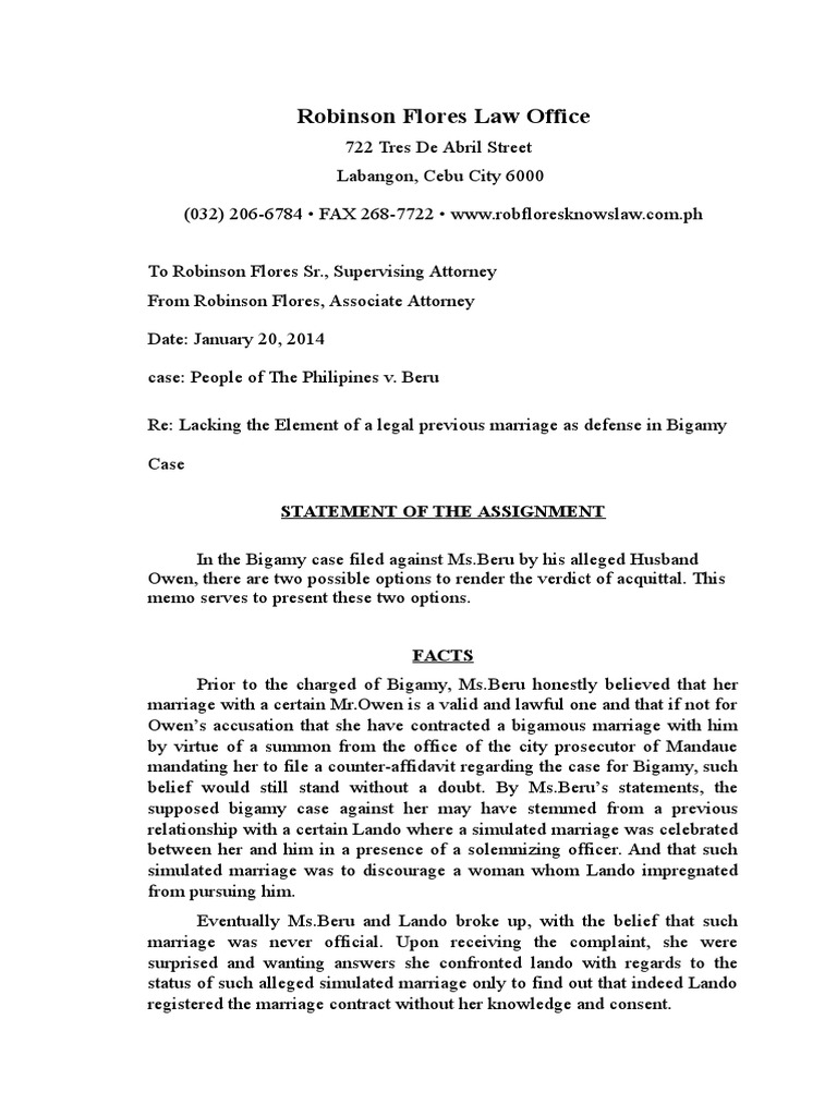 Legal Memo: Bigamy Defense Options | PDF | Marriage | Crime & Violence