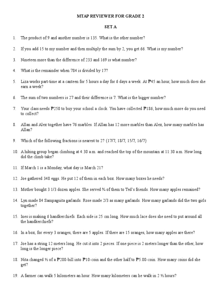 MTAP Grade 2 Reviewer with Answers | PDF | Teaching Mathematics