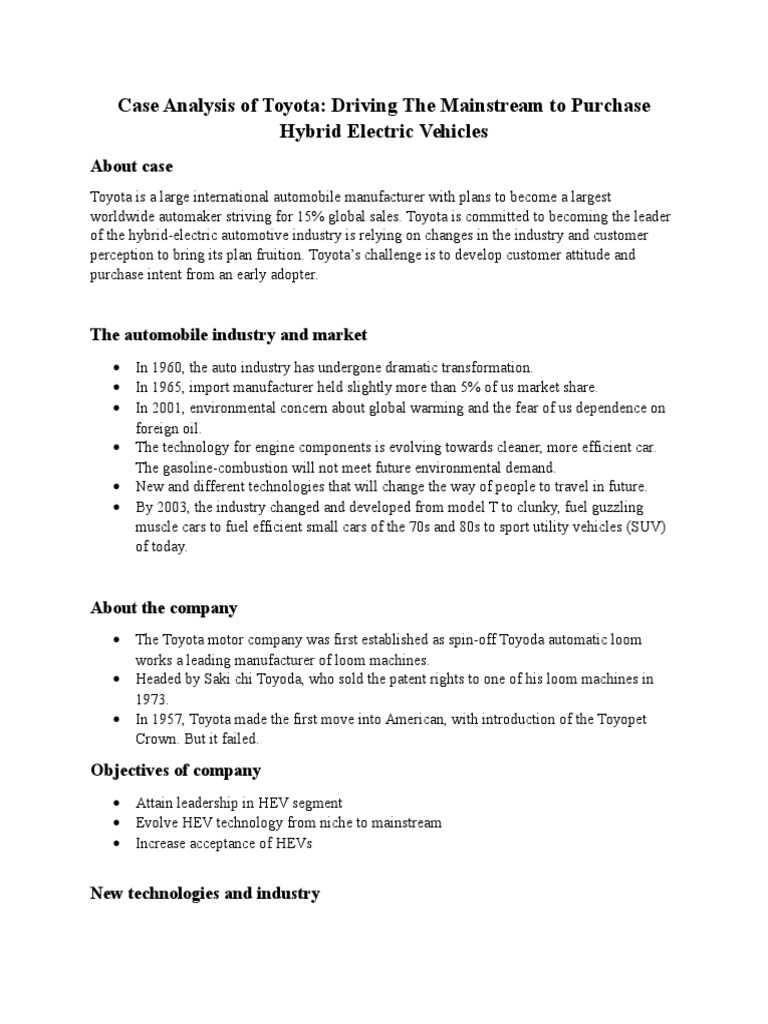 Case Analysis of Toyota Driving | PDF | Toyota | Hybrid Electric Vehicle
