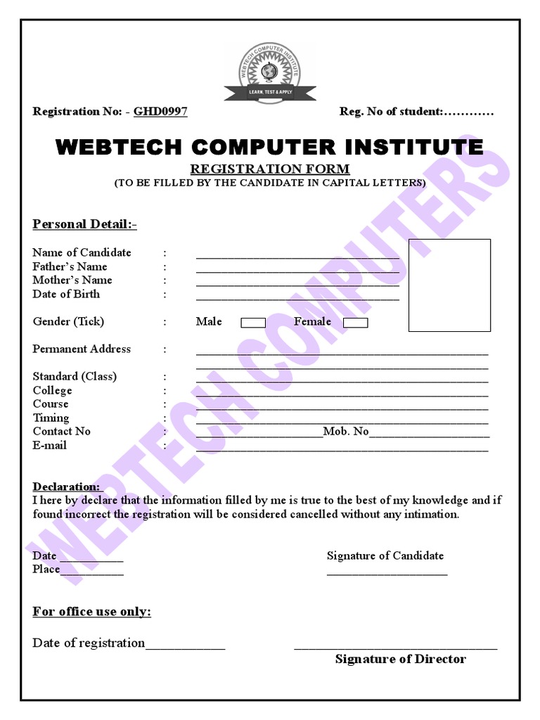 Webtech Computer Institute: Registration Form | PDF