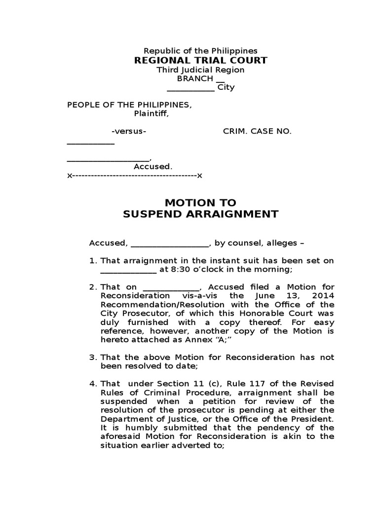 Motion To Suspend Arraignment | PDF