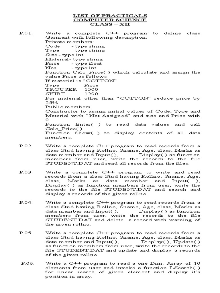 List of Practicals - Comp Sci - XII | PDF | Matrix (Mathematics) | Subroutine