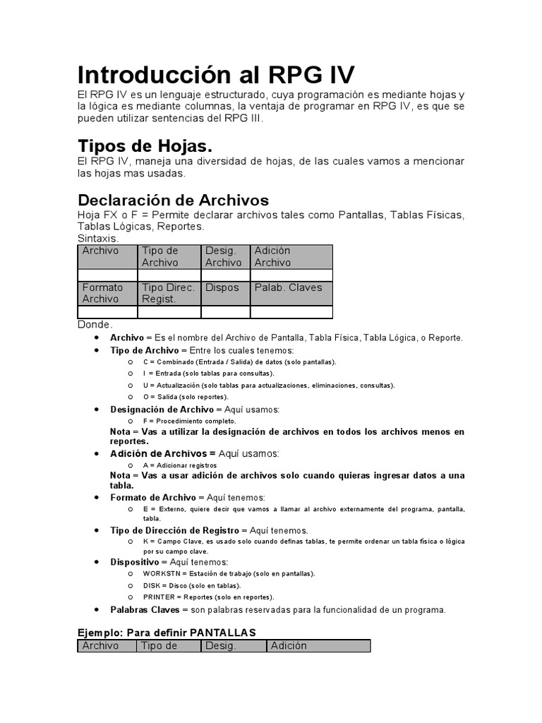 Manual Básico De Rpg Iv Pdf Tabla Base De Datos Puntero