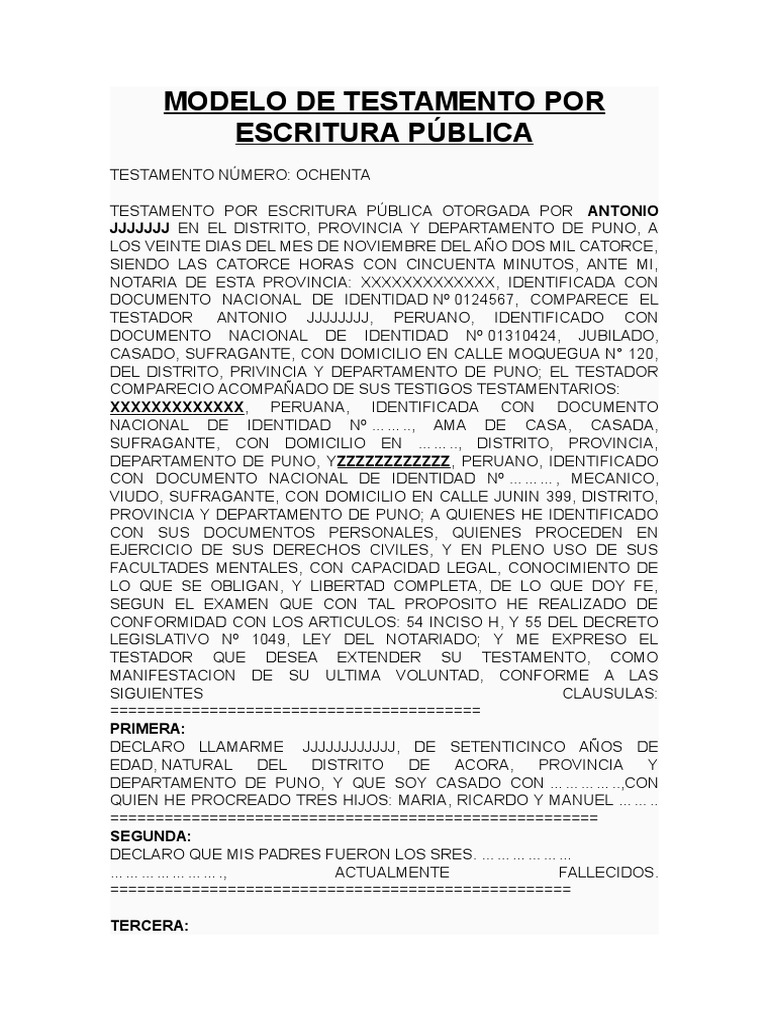 Modelo de Testamento Por Escritura Pública