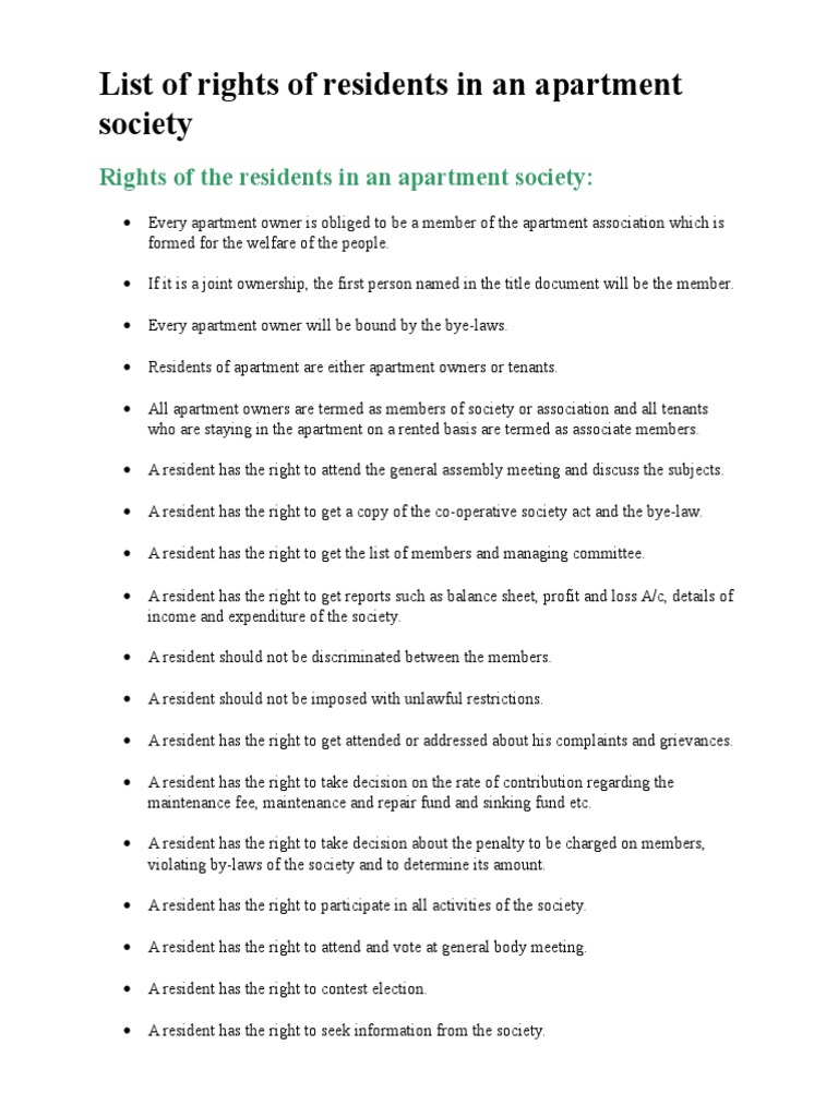 List of Rights of Residents in An Apartment Society | PDF | Leasehold ...
