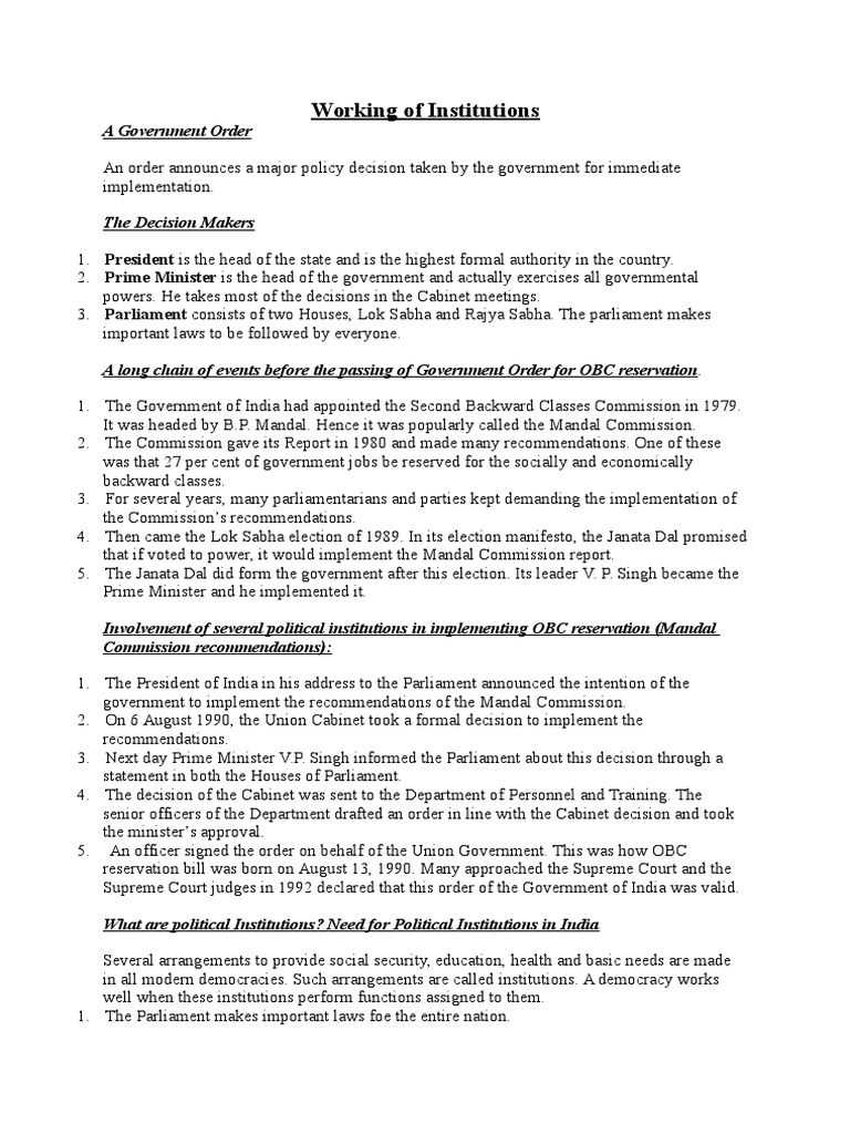 Social Science Class 9 CBSE Working of Institutions Notes | PDF ...