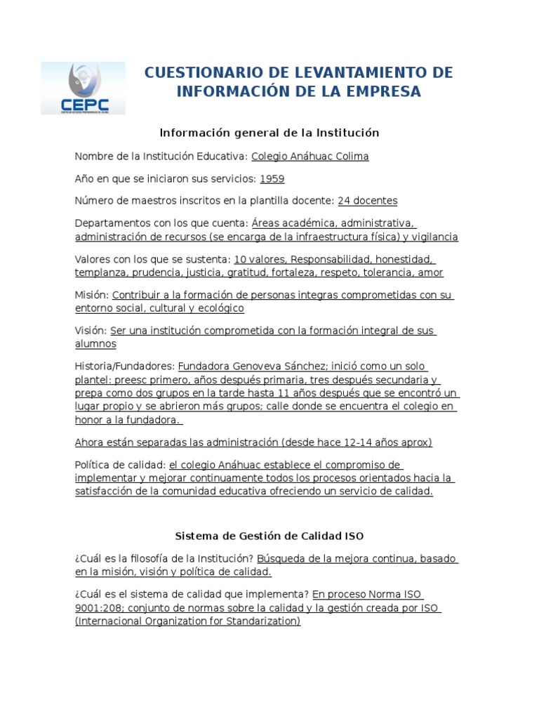Cuestionario de Levantamiento de Información de La Empresa | PDF | Gestión de la calidad ...