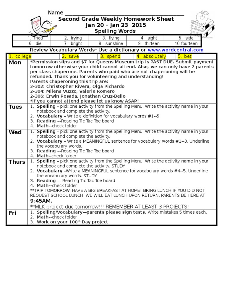 Name - : Second Grade Weekly Homework Sheet Jan 20 - Jan 23 2015 | PDF ...