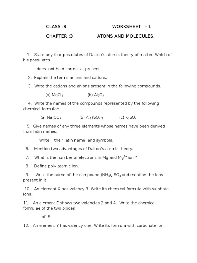 Class:9 Worksheet - 1 Chapter:3 Atoms and Molecules | PDF
