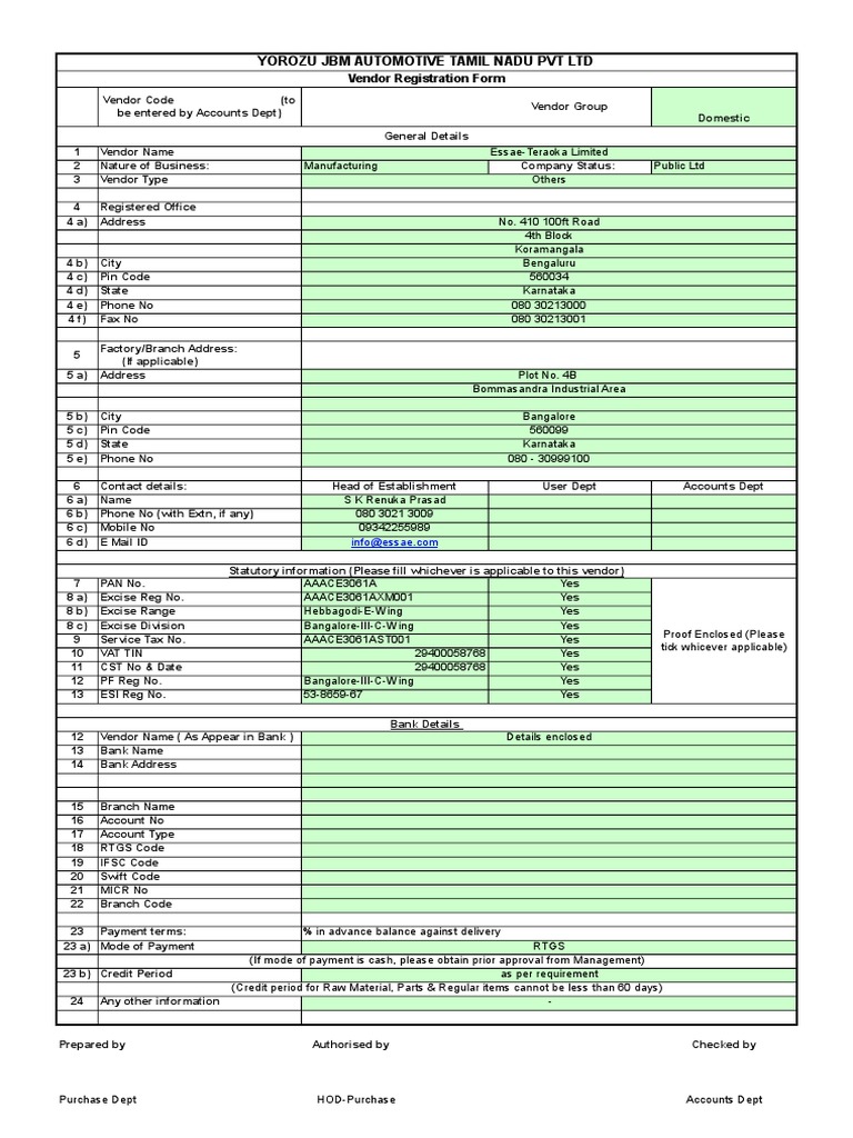Vendor Registration Form - Yorozu JBM | PDF | Payments | Service Industries