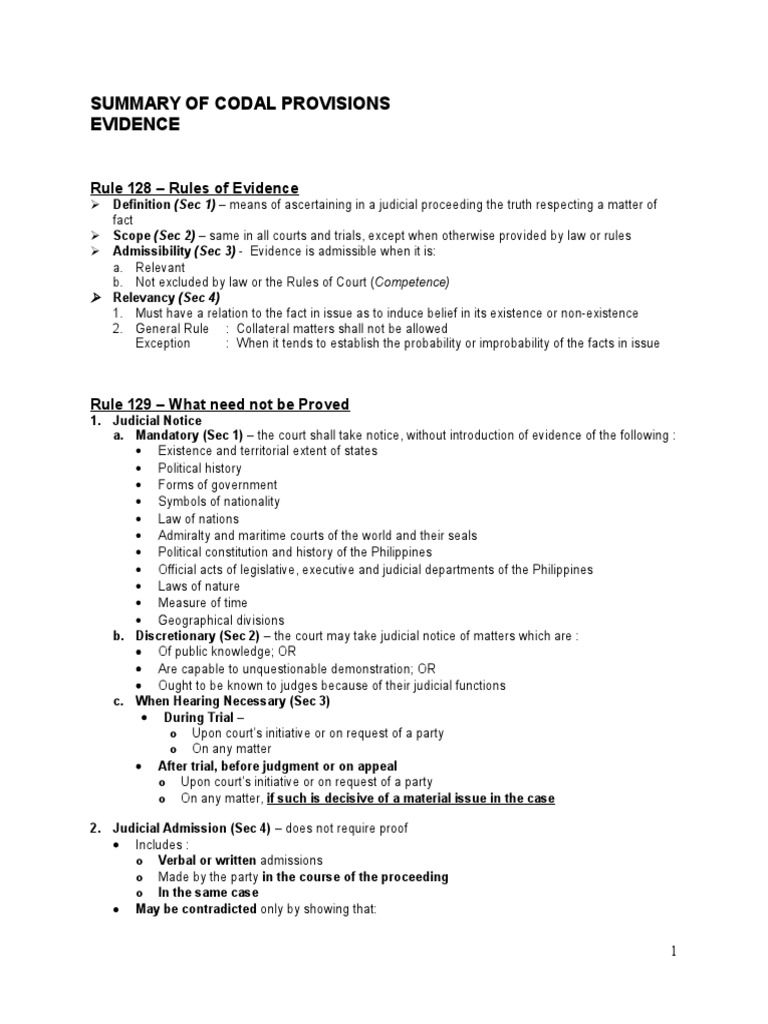 Codal Provisions Evidence | Evidence (Law) | Burden Of Proof (Law)
