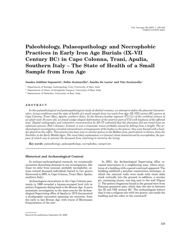 Paleobiology Palaeopathology and Necrophobic Practices in Early Iron ...
