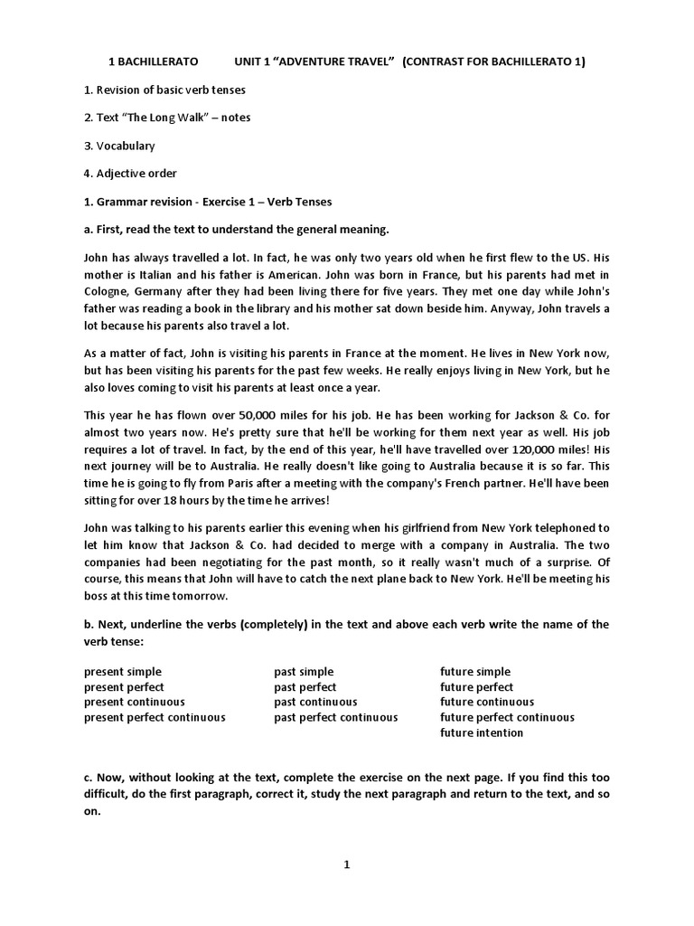 Verb Tenses and Travel Exercises | PDF | Perfect (Grammar) | Reading ...