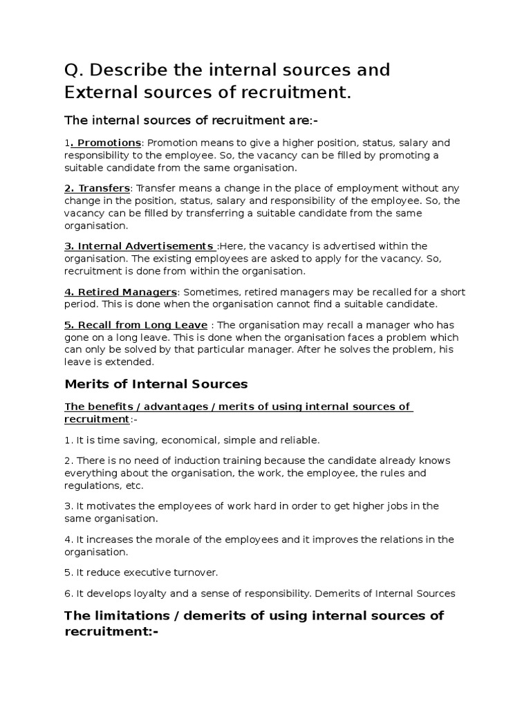 Q. Describe The Internal Sources and External Sources of Recruitment ...