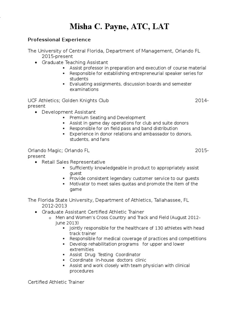 Misha C. Payne, ATC, LAT: Professional Experience | PDF