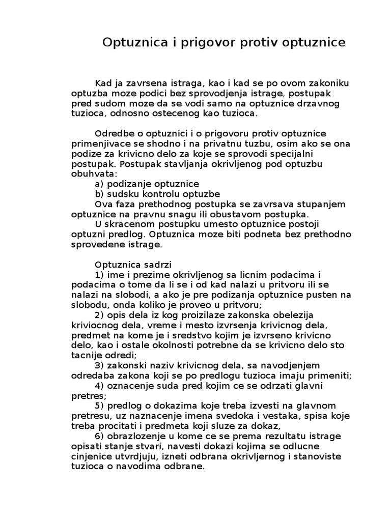 Optuznica I Prigovor Protiv Optuznice | PDF