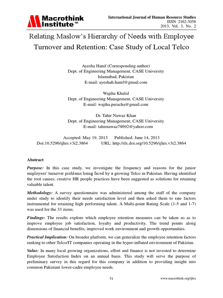 Relating Maslow's Hierarchy of Needs With Employee Turnover and Retention: Case Study of Local ...