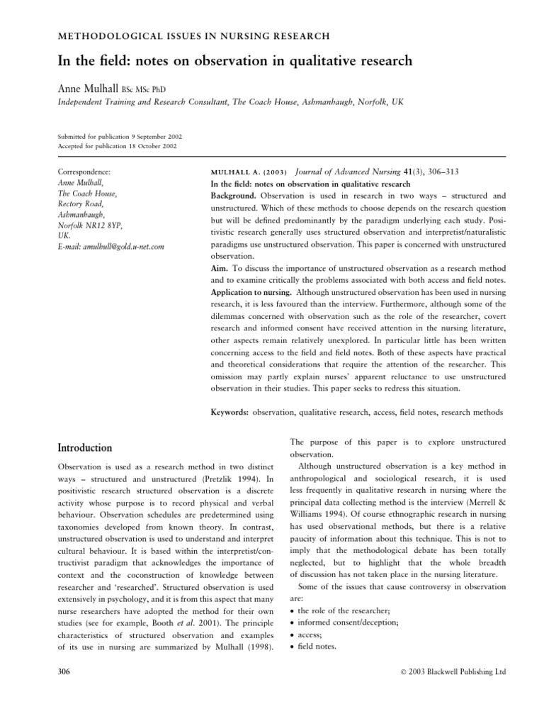 In The Field: Notes On Observation in Qualitative Research: Anne ...
