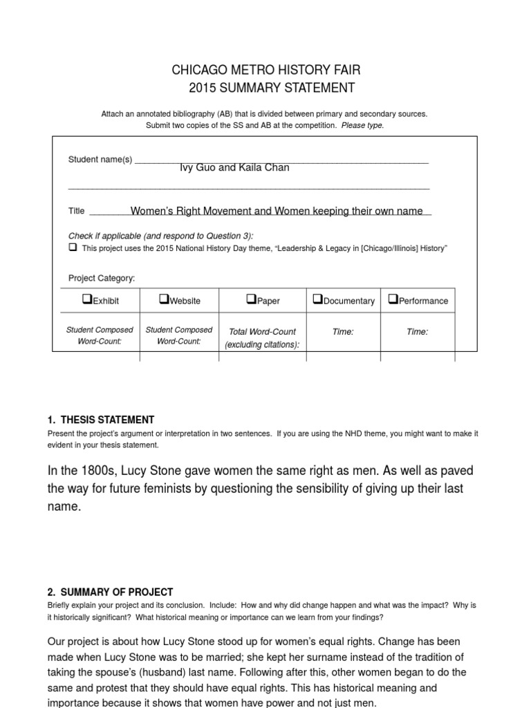 Chicago Metro History Fair 2015 Summary Statement: Check If Applicable ...
