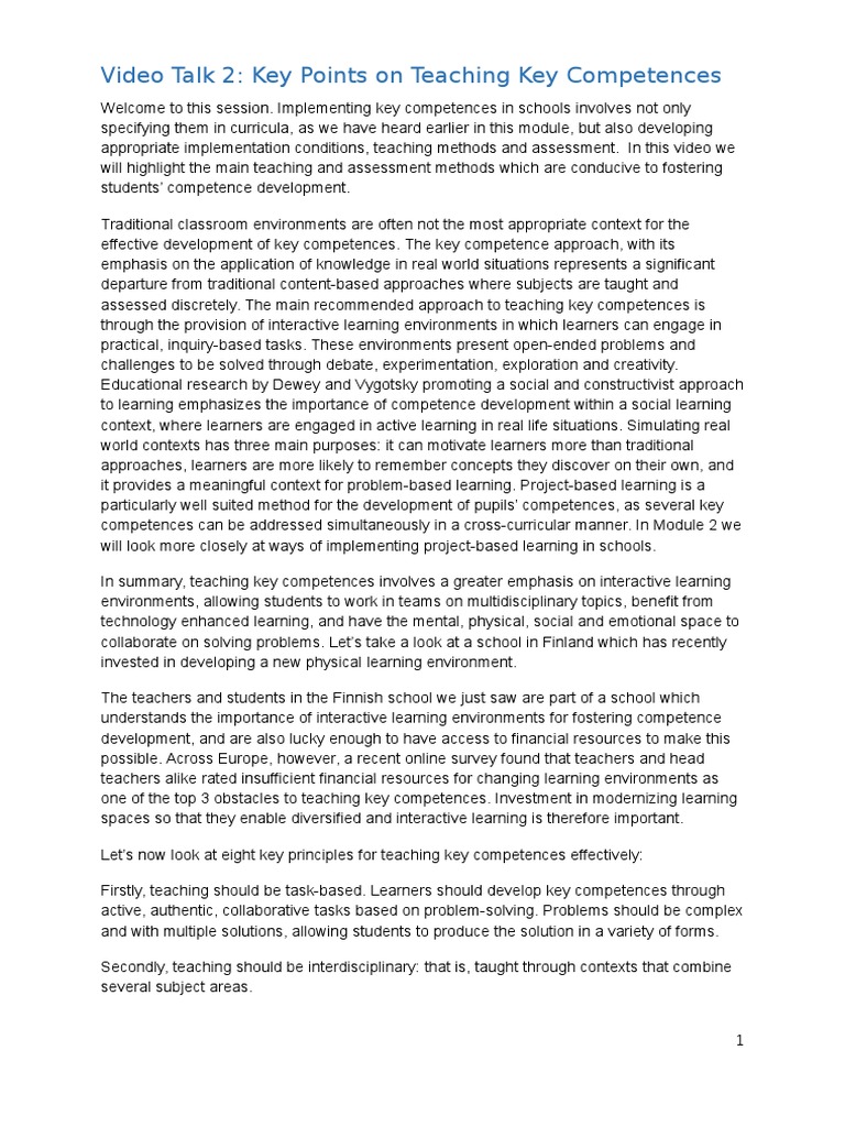 Video Talk 2 Key Points On Teaching Key Competences | PDF | Project ...