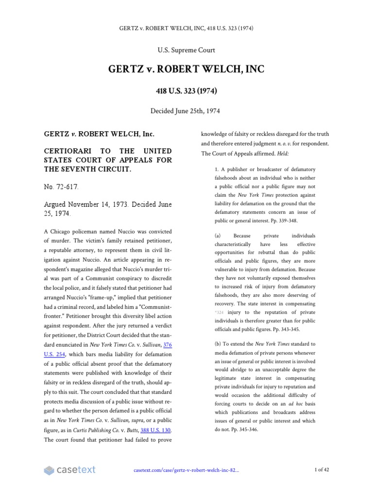 Gertz V Robert Welch Inc | PDF | Defamation | Public Law