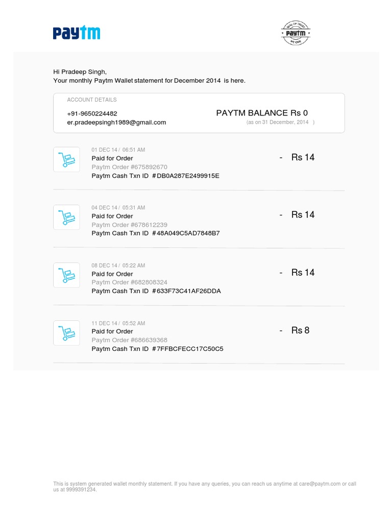 Paytm Wallet Monthly Statement - Dec 2014 | PDF