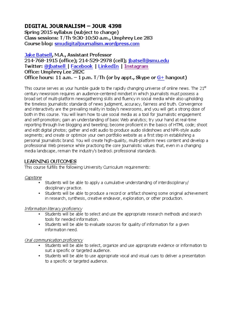 Digital Journalism Syllabus | PDF | Journalism | Social Media