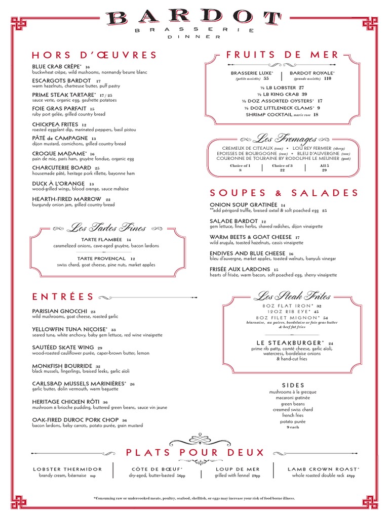 Bardot Brasserie Menu & Prices | PDF | Foods | Viniculture