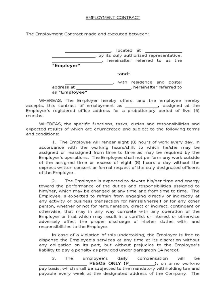 Probationary Employment Contract Template | PDF | Contractual Term ...