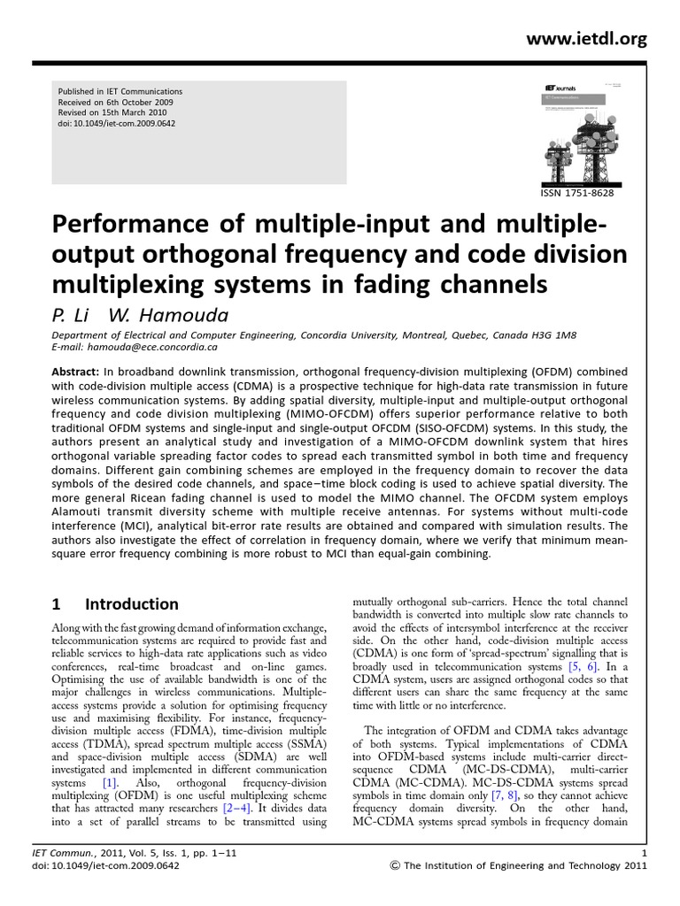 Performance of Multiple-Input and Multiple-Output Orthogonal Frequency and Code Division ...