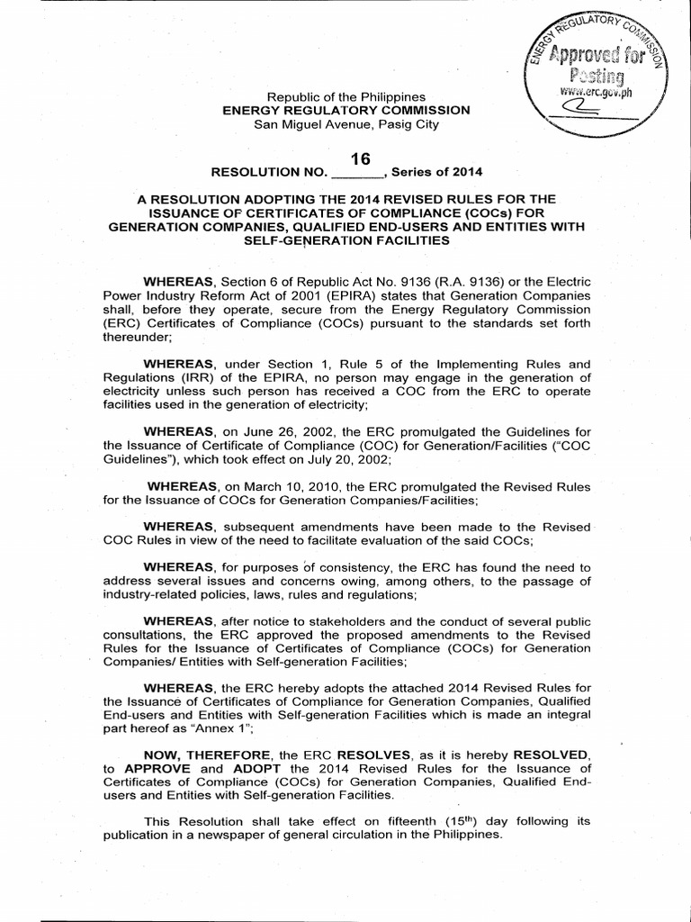 ERC - ResolutionNo.16, Seriesof2014 | PDF | Electrical Grid | Electric ...