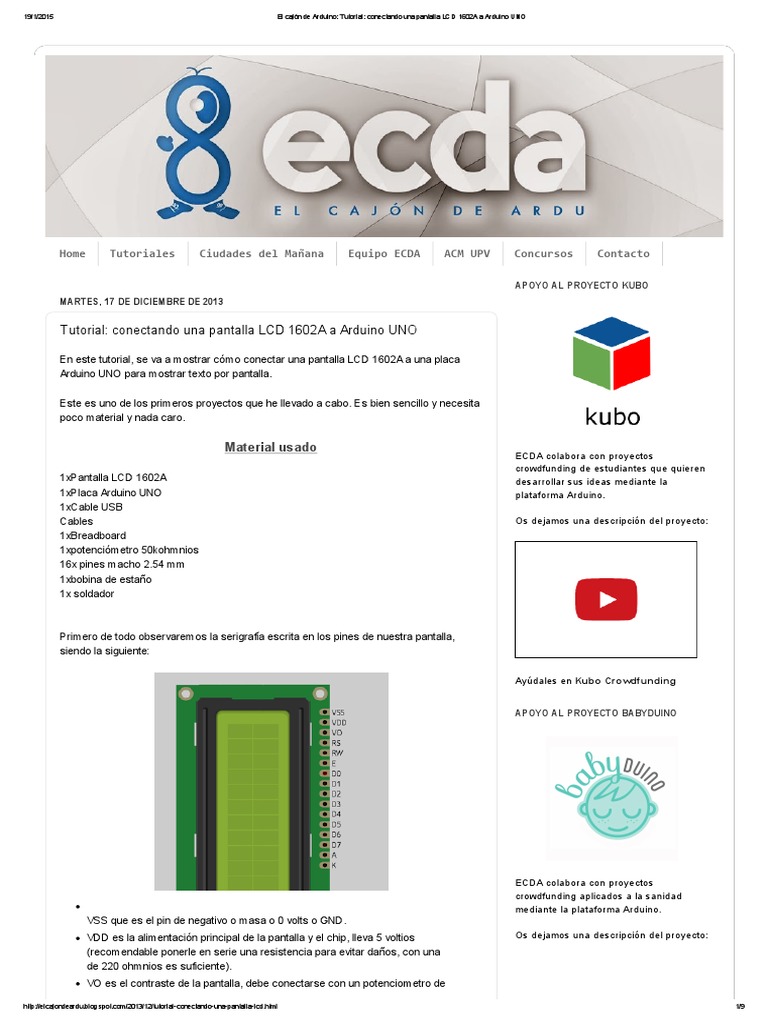 El Cajón De Arduino Tutorial Conectando Una Pantalla Lcd 1602a A Arduino Uno Pdf Arduino