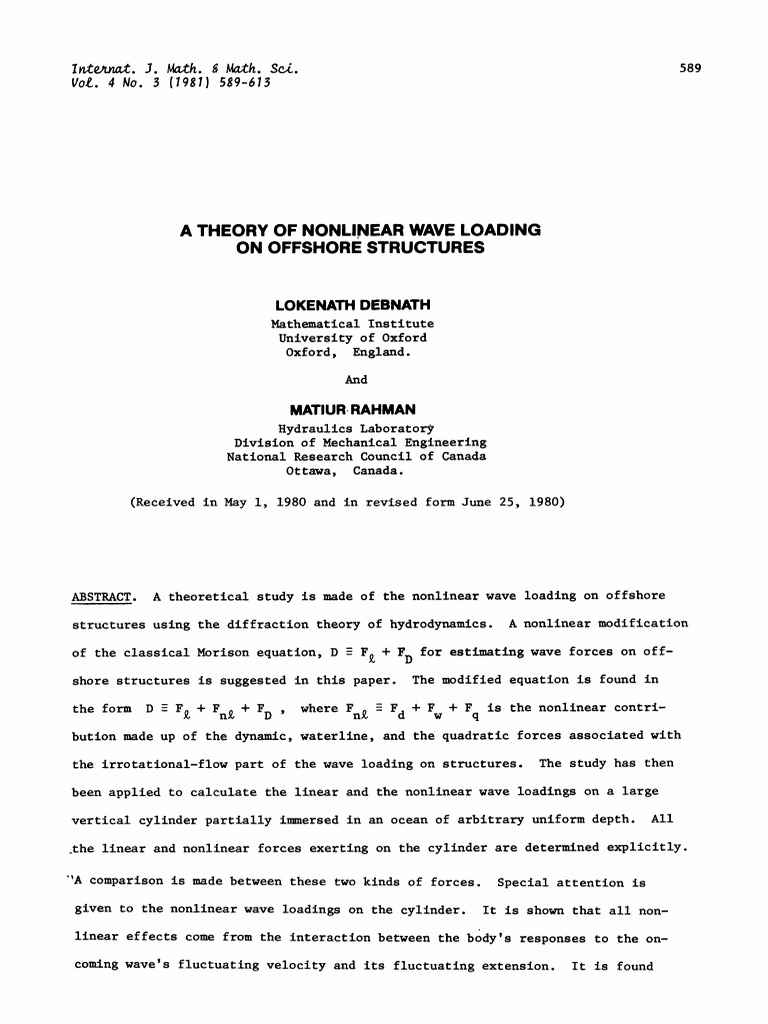 Nonlinear: A Theory of Wave Loading On Offshore Structures | PDF ...