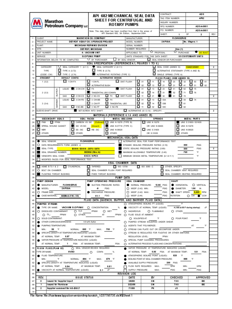Api 682 Mechanical Seal Data Sheet For Centrifugal and Rotary Pumps ...