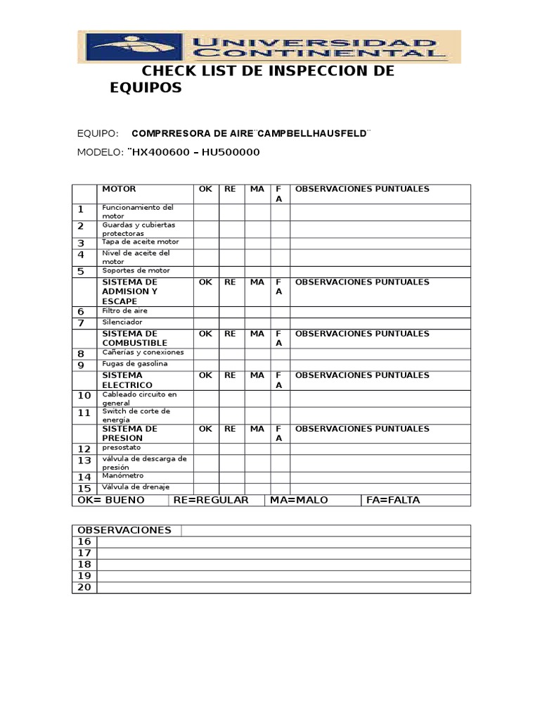 Check List de Inspeccion de Equipos | PDF