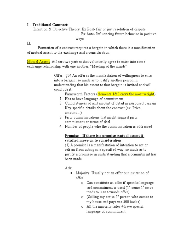 Contract Outline | Offer And Acceptance | Consideration