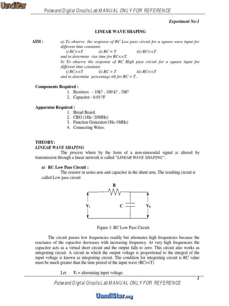 Pulse and Digital Circuits Lab MANUAL ONLY FOR REFERENCE: Linear Wave Shaping Aim | PDF ...